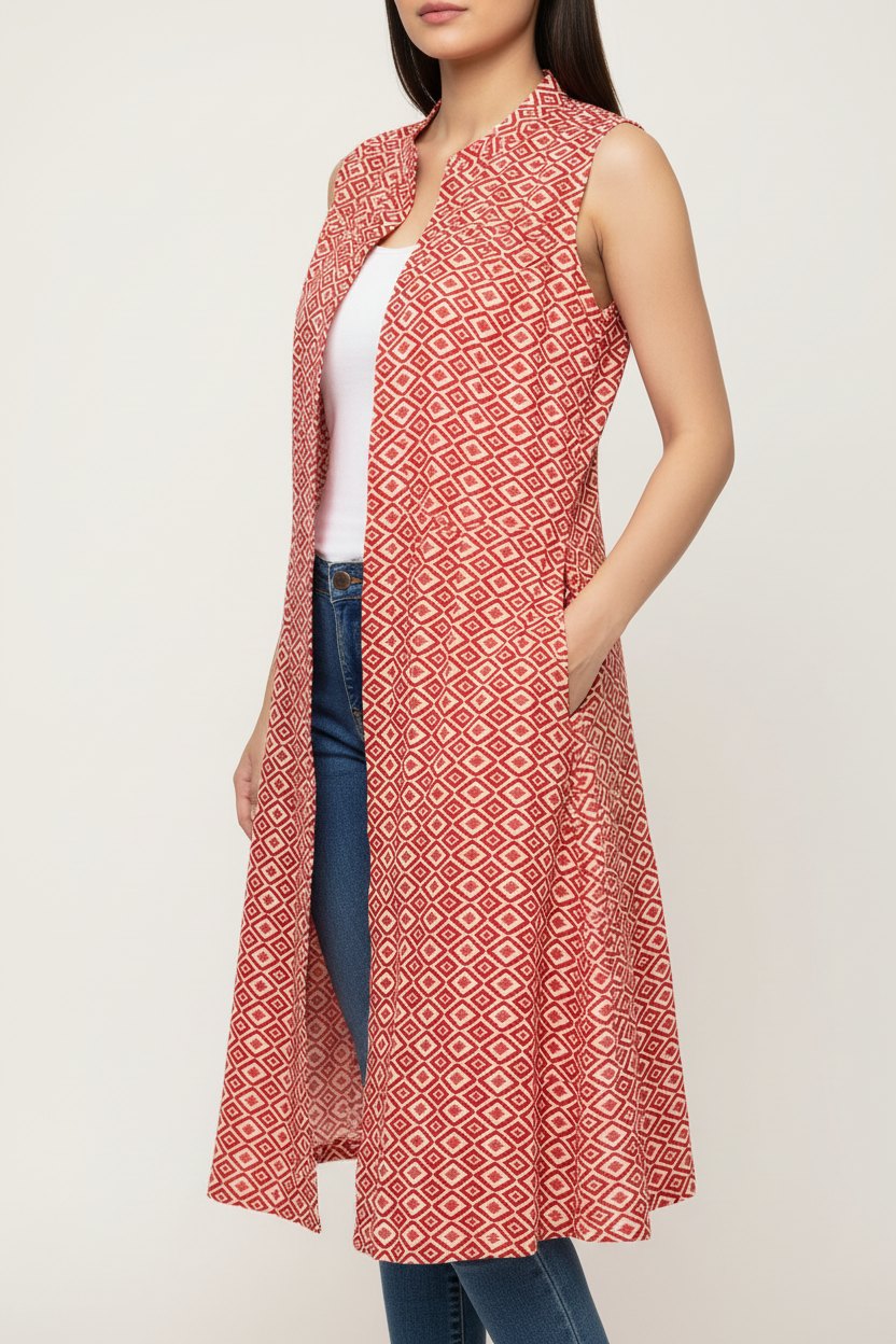 Red Ikat Print Sleeveless Front-open Long Shrug – Shrug Story
